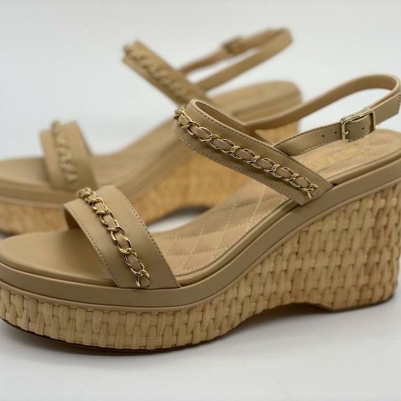 CHANEL | Shoes | Chanel 2c Leather Chain Cc Raffia Platform Wedge Heel ...